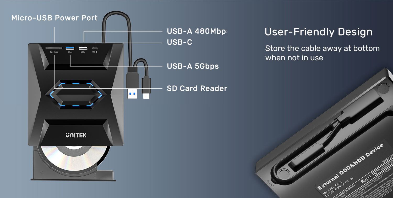 UNITEK T1037A 5-in-1 External Optical Drive with USB Hub - Digishop